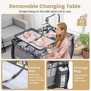 Costzon 3 in 1 Pack and Play with Bassinet, Portable Baby Playard with Changing Table, Bassinet, Music Box, Whirling Toys, Wheels/Brake, Large Basket, Bag, Foldable Travel Crib for Indoor Outdoor