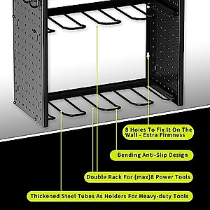 KAFAHOM Power Tool Organizer, Large 8 Drill Holder Wall Mount with 2 Side Pegboards,5 Layer Heavy Duty Metal Tool Storage Rack, Tool Shelf for Garage Organization, Utility Battery Shelves - Green