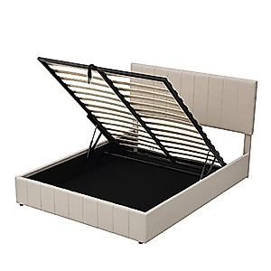 Merax Queen Size Upholstered Platform Bed with a Hydraulic Storage System, No Box Spring Needed, Beige