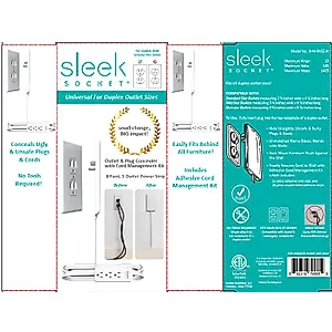 Sleek Socket - The Original & Patented Ultra-Thin Outlet Concealer with Cord Concealer Kit, 3 Outlet Power Strip, 8-Foot Cord, Universal Size, UL Certified (Ideal for Livingrooms & Bedrooms)