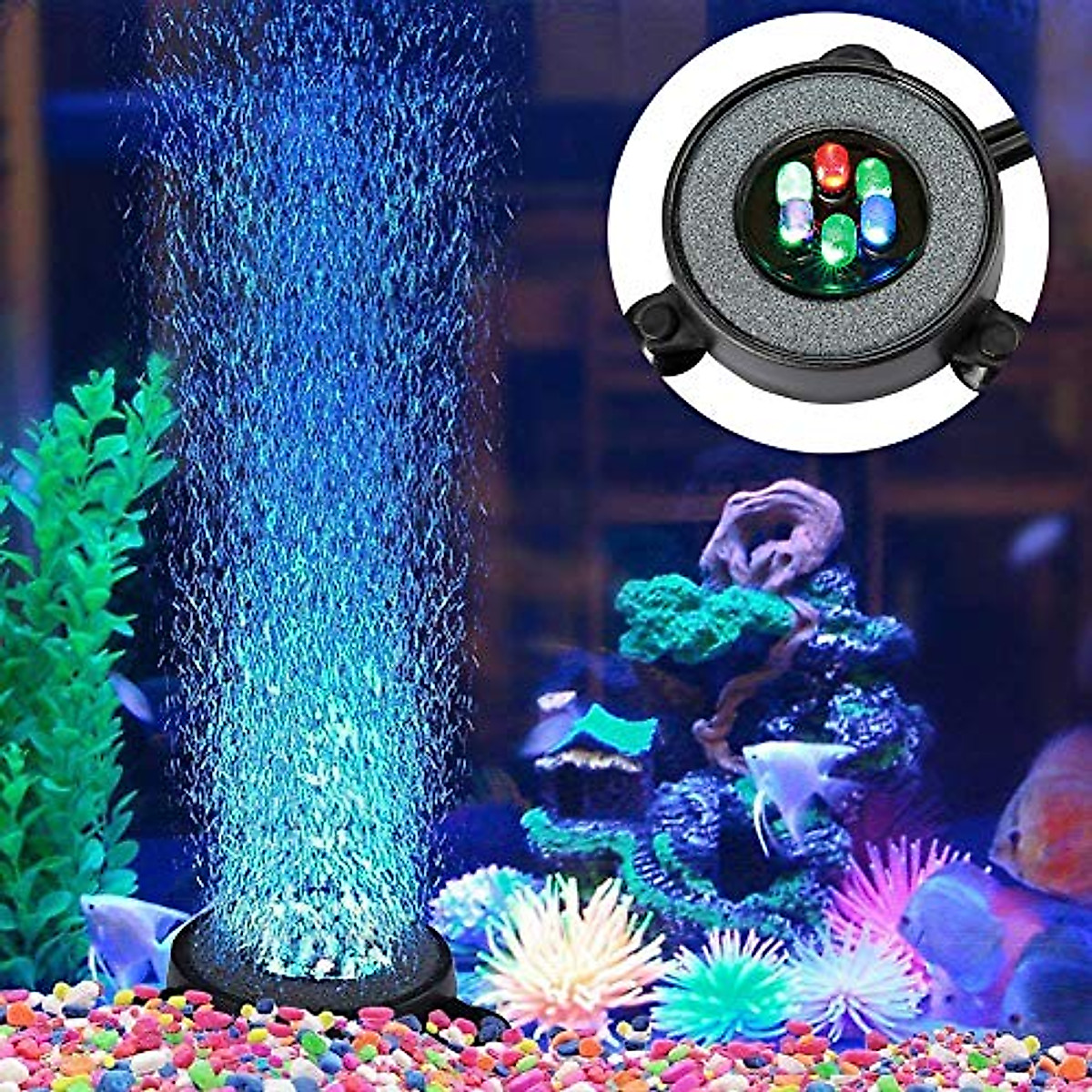 NICREW Multi-Colored LED Aquarium Bubbling Stone Disk, Round Fish Tank Bubbler with Auto Color Changing LEDs