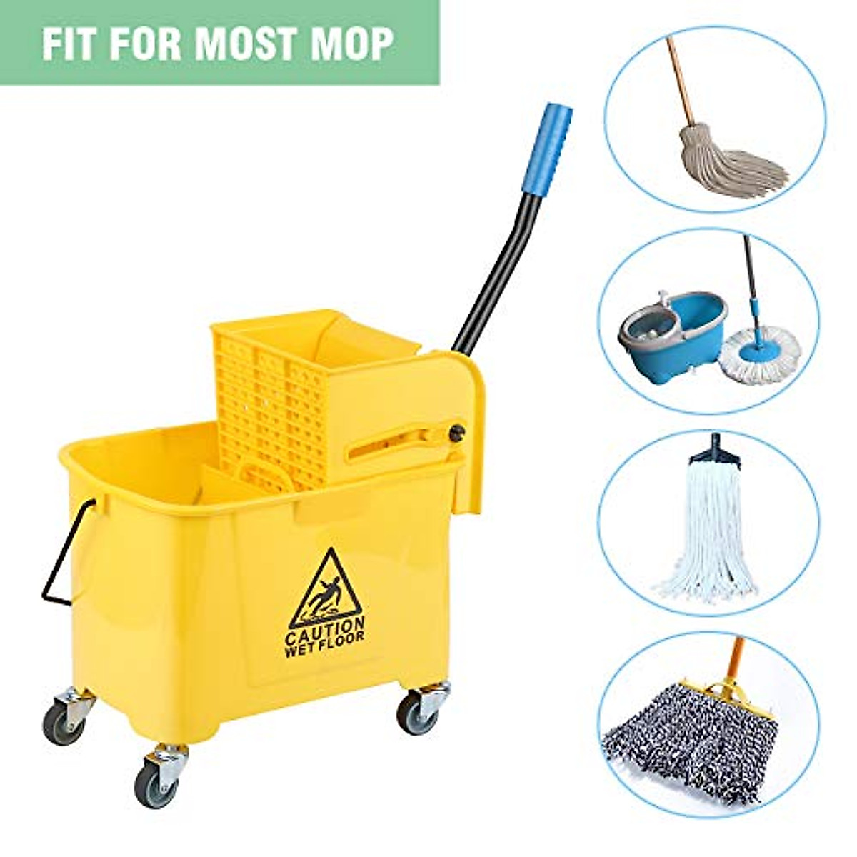 SAMGER S Commercial Mop Bucket with Down Press Wringer on Wheels 21 Quart 5 Gallon Portable Plastic Combo Mop Wringer Bucket with Metal Handle for Home and Commercial Floor Cleaning, Yellow