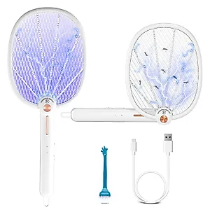 Meilen Electric Fly swatter Racket,2 in 1 Electric Bug Zapper Indoor with 1500mAh Battery,USB Rechargeable Mosquito Zapper with 5 Mosquito Lure lamp Beads,Fly swatter for Indoors（ Brush Included）