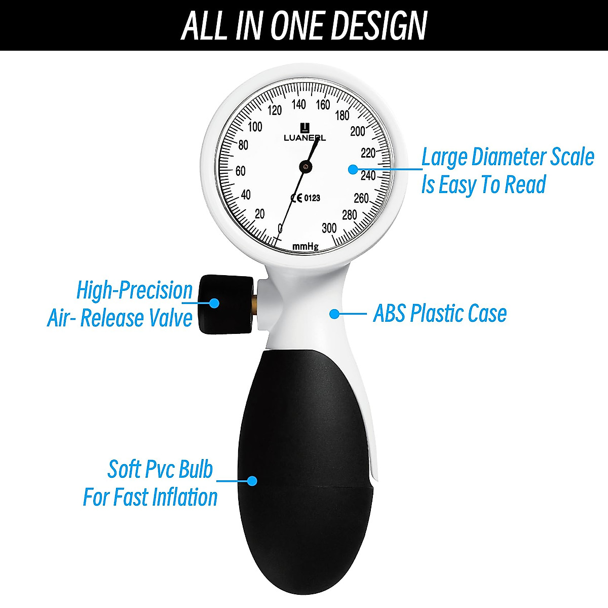 LUANERL Manual Blood Pressure Cuff Adult 9”-21” Inches (22-53CM) (Large/XL)- Aneroid Sphygmomanometer -Extra Large with Integrated Bulb, Dial and Air Valve, Comfort Cuff | for Clinical or Home Use