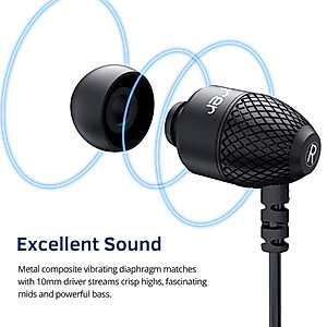 Adorer Wired Earphones, EM10 Powerful Bass in Ear Headphones with Microphone and Volume Control, Noise Isolating Earphones - Black