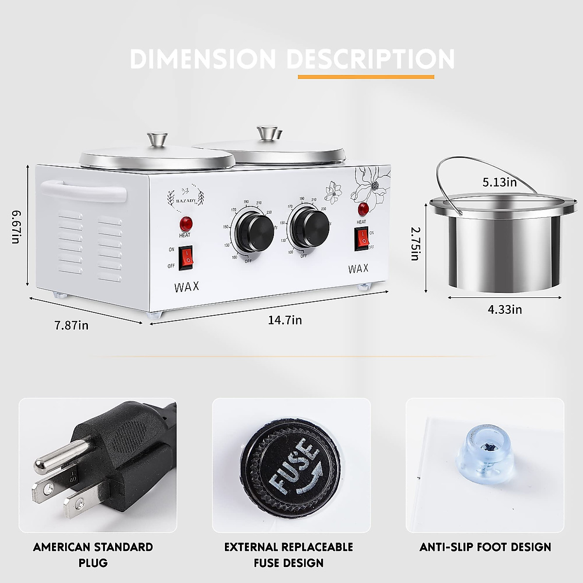 Bazady Double Wax Warmer Professional-for use at Home and Beauty Salon, Double Wax Pot, Unisex, Double Wax Warmer Adjustable Temperature degrees Fahrenheit-Leave your Skin Soft