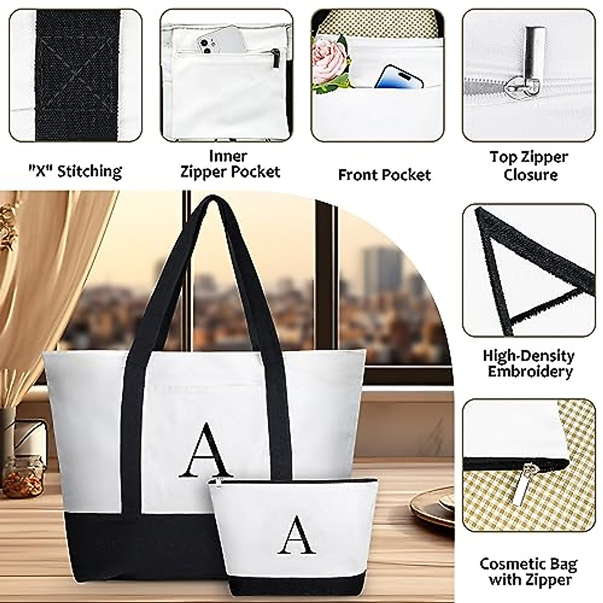 AUNOOL Tote Bag for Women - Grandma Birthday Gifts Initial Embroidery Canvas Bag Makeup Bag, Personalized Gifts for Friends Female Teacher Appreciation Gifts, Reusable Gift Bag Bridesmaids Gift, J