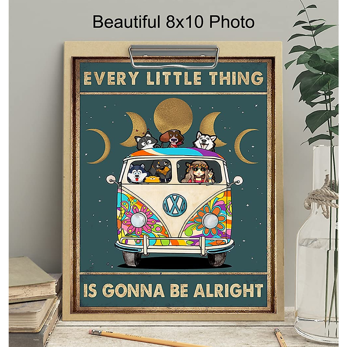 Flower Child Hippie Wall Art - Cute Positive Saying Wall Art - Retro Inspiration Gift for Woman - 60's Hippie Room Decor - Boho-chic hippie bus Poster - Every Little Thing Is Gonna Be Alright 8x10