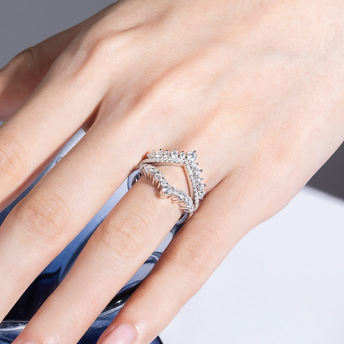 CannyCat 1.23 CTTW Moissanite Ring Enhancers 2 pieces Lab Created Diamond Curved Wedding Bands for Women Platinum Plated Silver Eternity Stacking Rings Wrap Guard for Engagement Anniversary Ring (9)