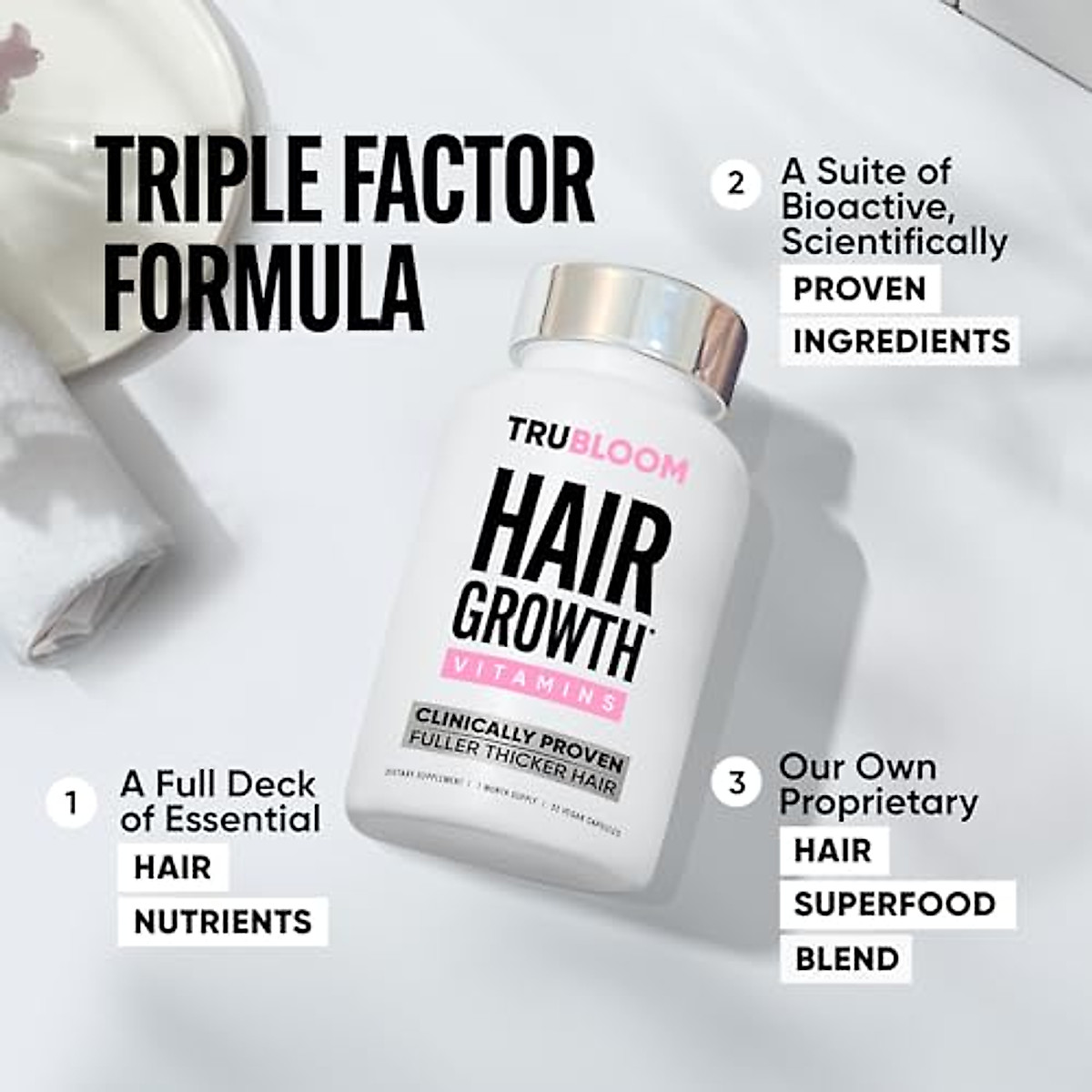 Tru Bloom Hair Growth Vitamins - 1 Month Supply. Clinically Proven for Fuller, Thicker Hair. Natural & Drug-Free. Ultimate Hair Vitamins for Proven Results