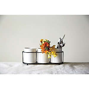 Creative Co-Op Farmhouse Ceramic Crocks in Metal Holder, White and Black