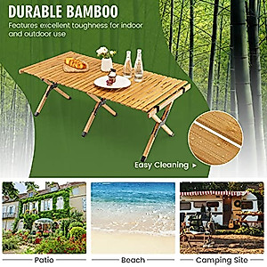 COSTWAY Folding Picnic Table, Portable 4ft Roll Up Camping Table with Storage Bag, for 4-6 People, Low Height Foldable Bamboo Bench Table, for Indoor & Outdoor Party, BBQ and Hiking(Natural)