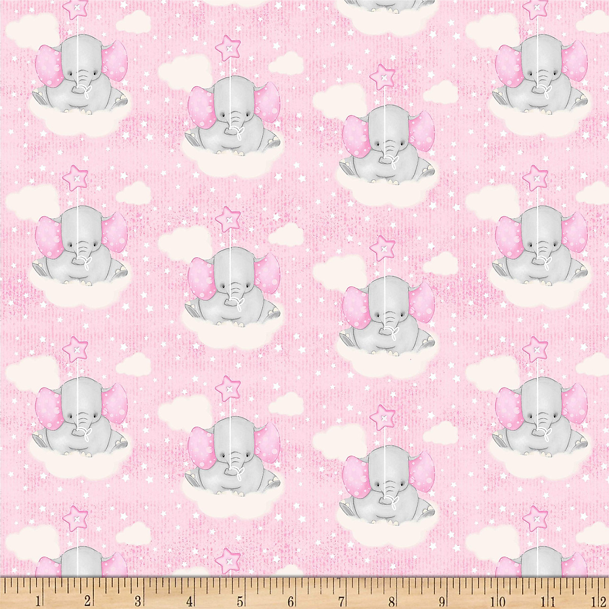 Comfy Flannel Elephants On Clouds Pink, Fabric by the Yard