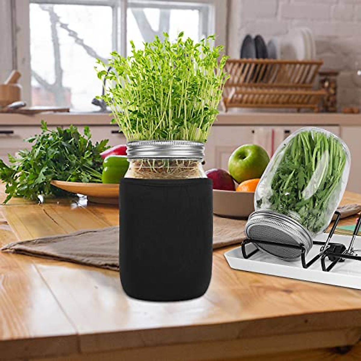 Seed Sprouting Jar Kit with 2 Wide Mouth Ma-son Jars, 2 Stainless Steel Screen Sprout Lids, 2 Blackout Sleeves, Tray, Sprouter Stand and Brush, Sprouting Kit for Growing Broccoli Alfalfa Bean Sprouts