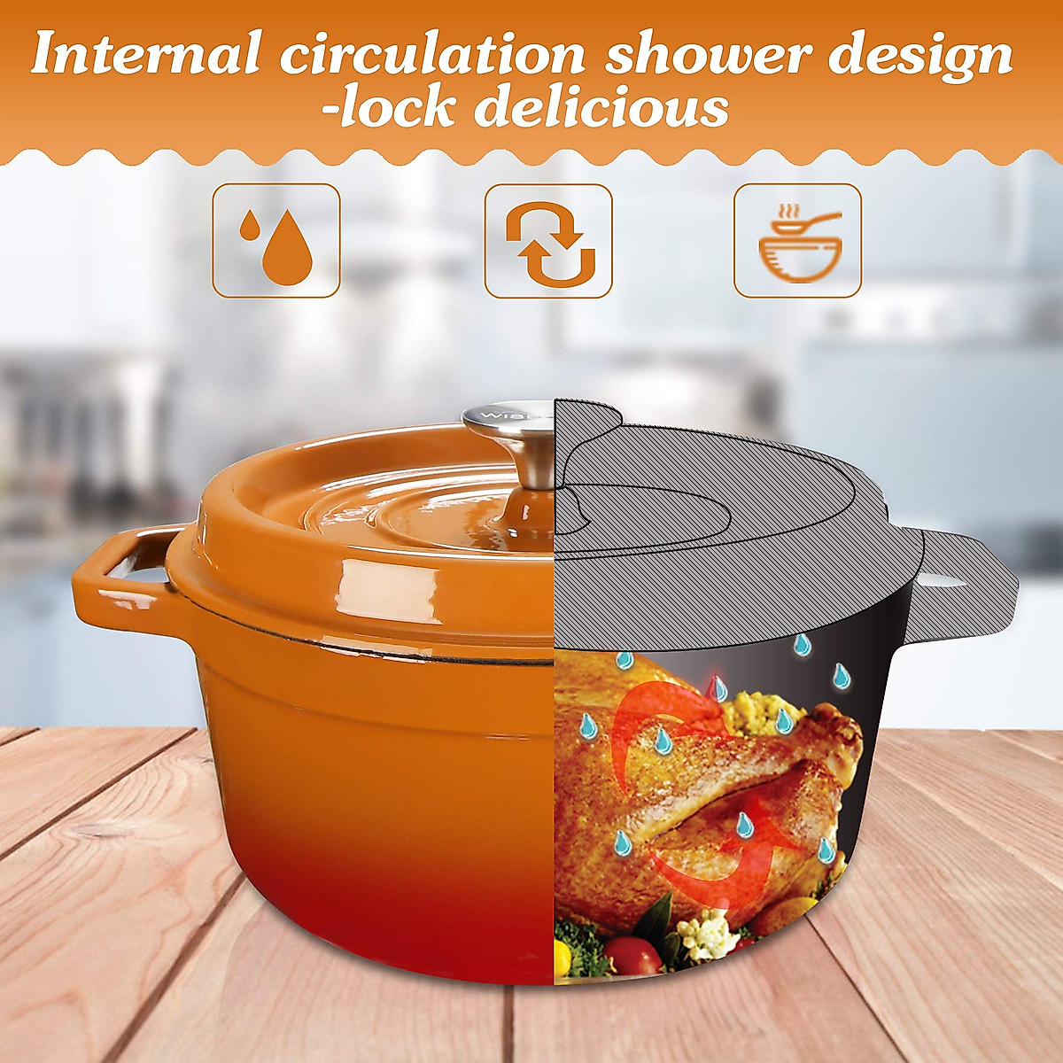 WISELADY Enameled Cast Iron Dutch Oven Bread Baking Pot with Lid (4QT, Orange)