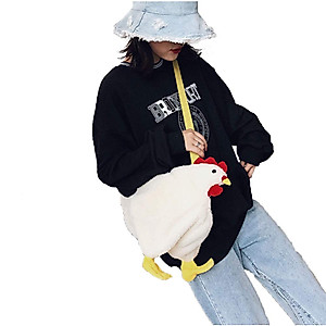 Women Cute Cartoon Chicken Animal Fluffy Shoulder Handbag Teenager Girl Rooster Shoulder Bag Plush Crossbody Bag (White)