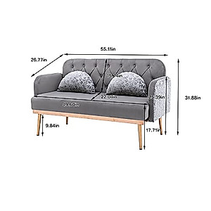 NALLBEIRRAA 56" Accent Sofa, Mid Century Modern Velvet Fabric Couch with 2 Pillow, Velvet Sofa, Loveseat Sofa, Recliner Couch with Gold Metal Feet for Living Room, Bedroom (Grey)