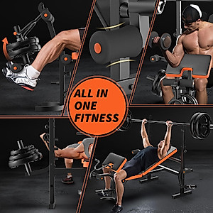 Fostoy Adjustable Weight Bench, Bench Press Rack with Squat Rack, Olympic Weight Benches for Home Gym, 6 in 1Workout Bench with Leg Developer&Preacher Curl, Flat Incline Bench for Full Body Strength