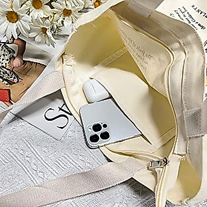 Keanoo Canvas Tote Bag, Aesthetic Tote Bag for Women School Shoulder Bag with Zipper Gift Bag for Teacher's Day