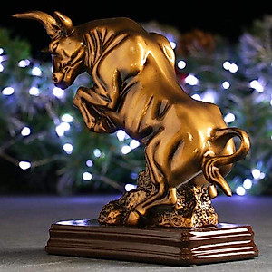 Charging Bull Statue with Brown Pedestal Base Made of Gold-Finished Polystone - Bull Market Figurine Wallstreet Bull