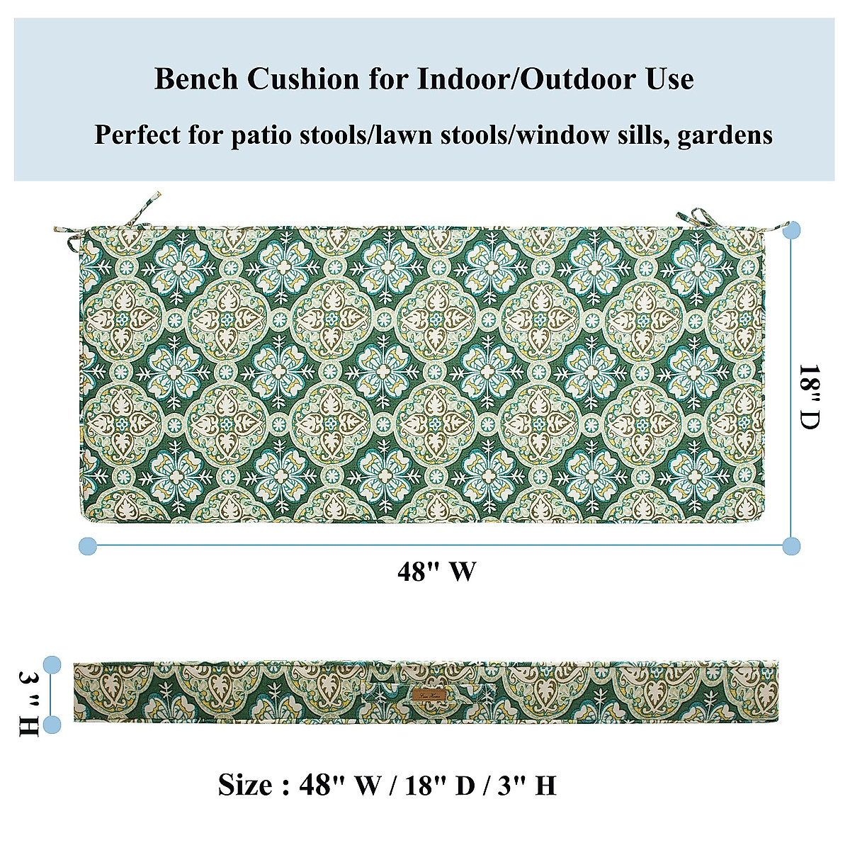 FUNHOME Outdoor Bench Cushion Water-Repellent, 48 x 18 Inch Bench Cushions for Outdoor Furniture, Settee Cushions with Handle and Straps, Patio Couch Cushion 1 Pack, Green Medal