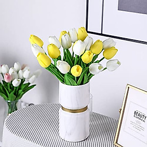 Hawesome 30pcs Artificial Latex Tulips Flowers Faux Tulip Stems PU Real Touch Tulips for Wedding Party Home Decoration (Yellow)