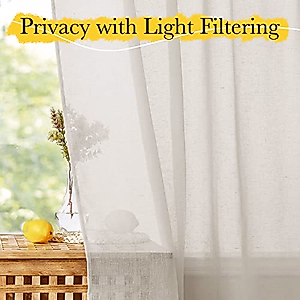 NICETOWN Semi Sheer Light Filtering Linen Curtains for Windows 95 inch Length, Rod Pocket & Back Tab Linen Blend Vertical Drapes Privacy for Bedroom/Living Room, Natural, W52 x L95, 2 Pieces