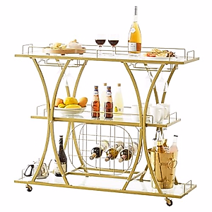 VEVOR Bar Cart Gold, 3 Tiers Home Bar Serving Cart on Lockable Wheels, Rolling Alcohol Cart with Tempered Glass Shelves Guardrail Wine Rack, Modern Wine Cart for Home Kitchen Dining and Living Room