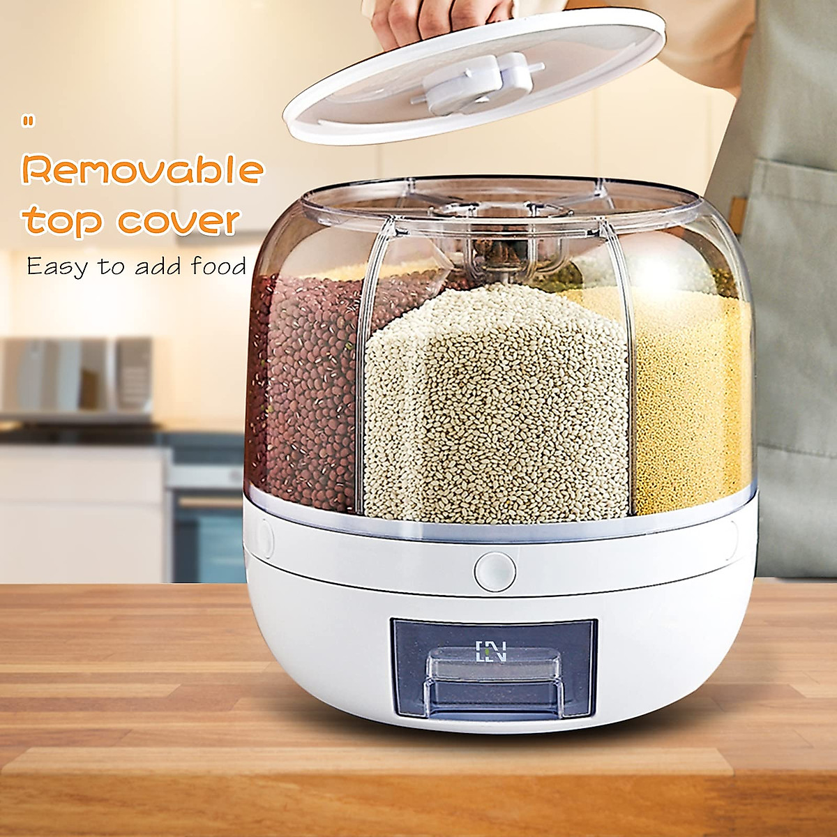 360° Rotating 6 Grid Food Dispenser,Rice Storage Container Waterproof and moisture-proof Dry Grain Food Storage Bucket for Home Kitchen