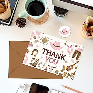 Whaline 24 Pack Western Cowgirl Thank You Cards Pink Brown Greeting Cards with Envelope Stickers Blank Note Cards for Baby Shower Party Supplies, 4 x 6 Inch