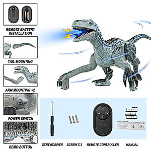 GAROERFA Remote Control Dinosaur Toys for Kids Boys 3 4 5 6 7,RC Walking Velociraptor，3D Eyes & Roaring Sounds, All in One:1 Big and 3 Small Dinosaurs