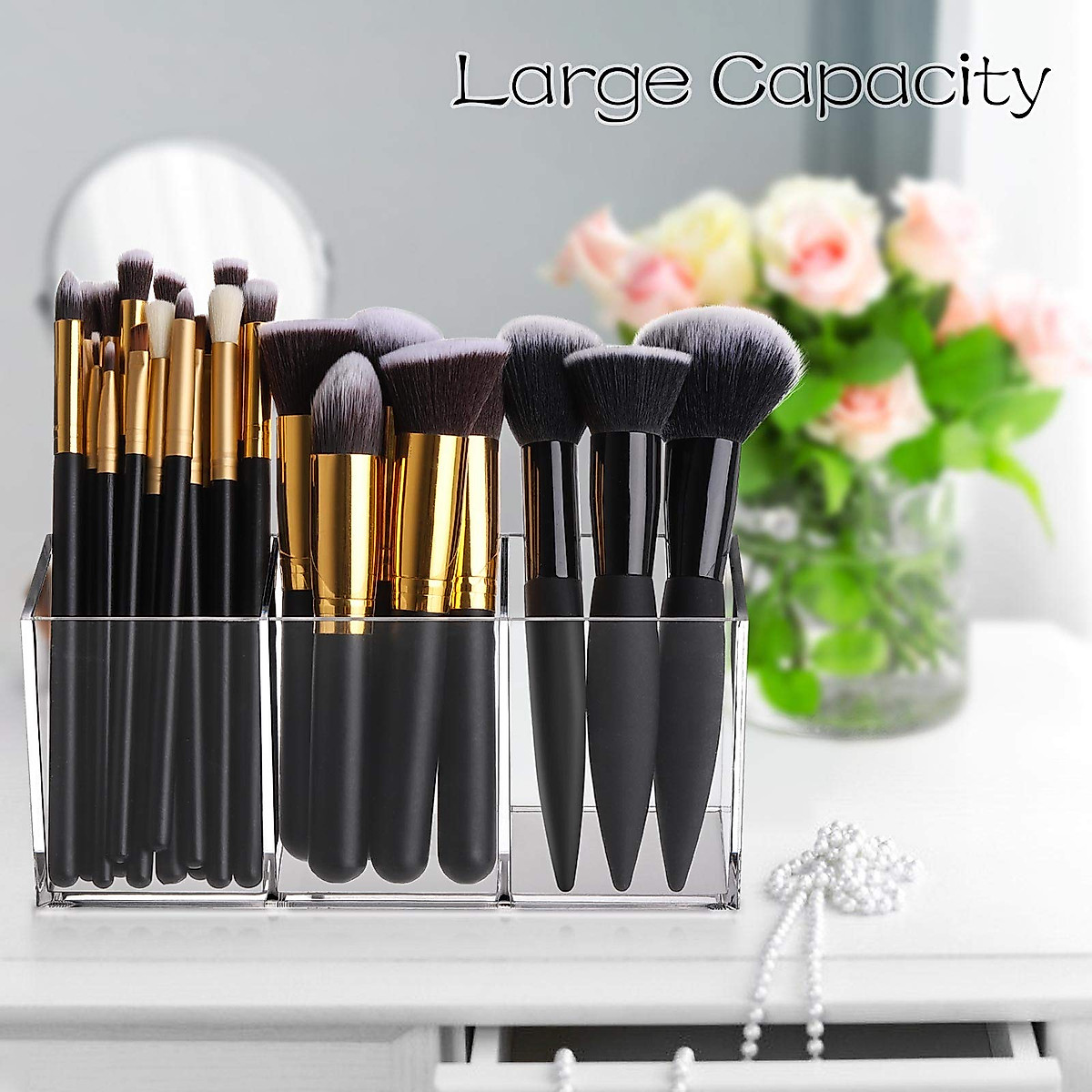 Makeup Brush Holder Organizer Clear Cosmetic Brushes Container Storage 3 Slots - Great for Vanity