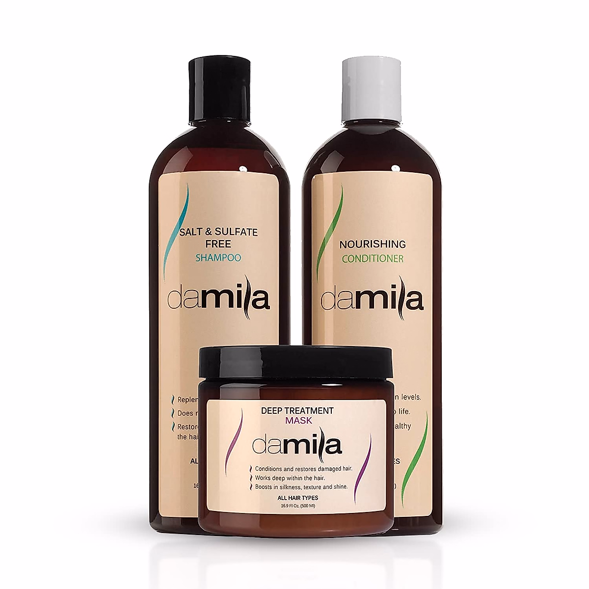 Damila Salt & Sulfate Free Shampoo & Nourishing Conditioner Set, 16.9 fl oz & Deep Treatment Mask, 16.9 fl oz