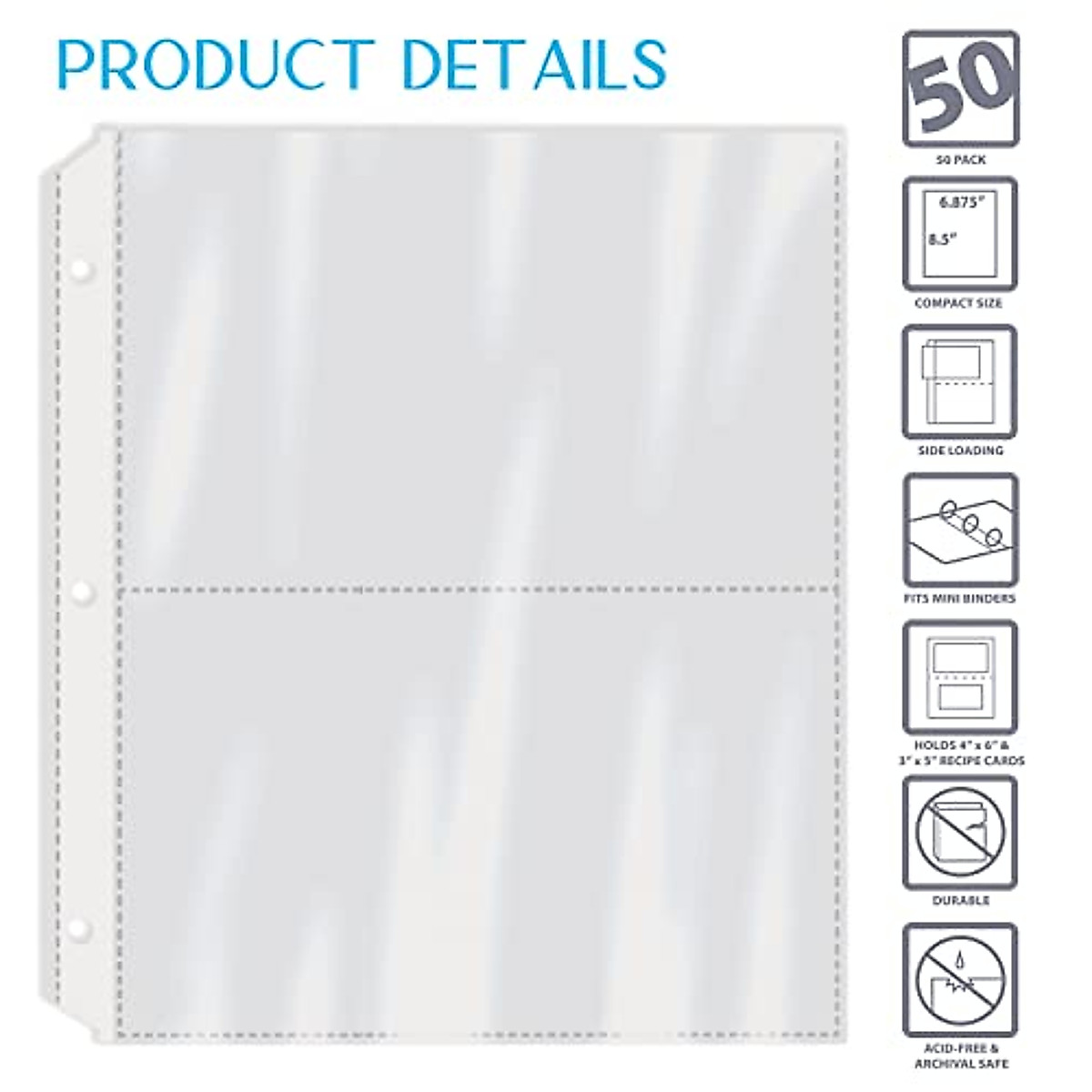 Recipe Card Page Protectors, 50 Count, 4 x 6 inch Pockets, 2 Pockets Per Page, (for 8.5"x 9.5" Binders),by Better Kitchen Products, Recipe Book Pocket Page Refill Sheets, Side Margin Loading,