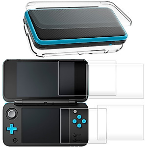Hard Case Compatible New 2DS XL with 2 Packs Screen Protector, AFUNTA Anti-Scratch Crystal Clear Case, with 4 Pcs Tempered Glass Protective Films for Top and Bottom Screen