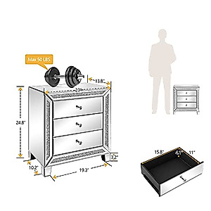 VINGLI Mirrored Nightstands Set of 2 Modern Bedside Table 3 Drawer Glass Side End Table Silver Dresser for Bedroom, 23”L x 13.8”W x 24.3”H