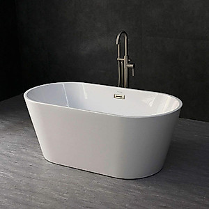 WOODBRIDGE 59" Acrylic Freestanding Bathtub Contemporary Soaking Tub with Brushed Nickel Overflow and Drain B0014B,White