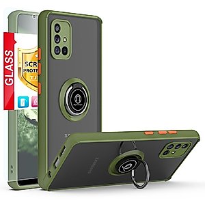 TJS Compatible with Samsung Galaxy A71 5G Case, with Tempered Glass Screen Protector, Metal Ring Magnetic Support Kickstand Heavy Duty Drop Protector Phone Case (Green)