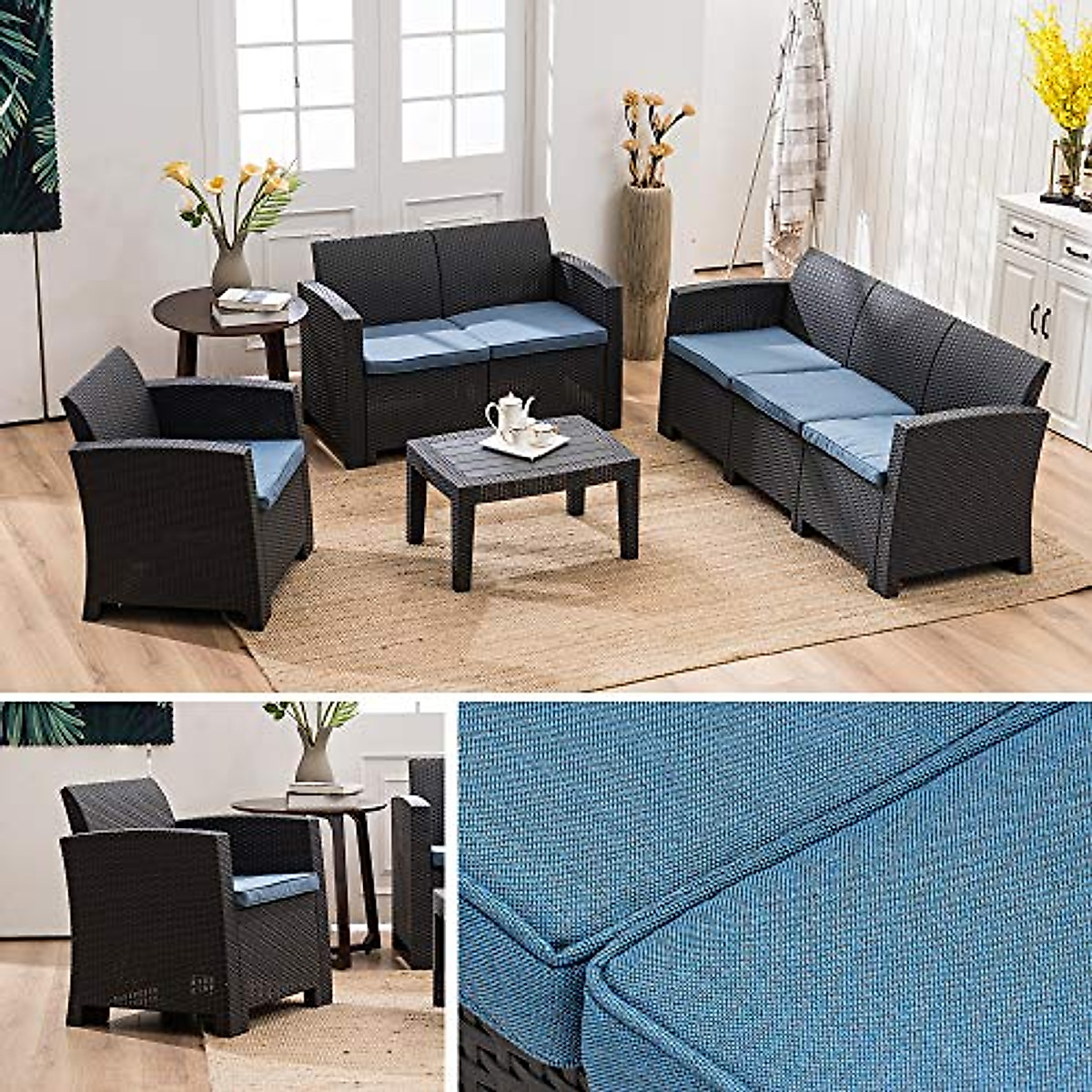 MCombo 7pcs Patio Furniture Set All-Weather Outdoor Sectional Sofa Rattan Pattern Patio Conversation Set w/Seat Cushions 6050-800 (Blue)