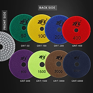 Diamond Wet Polishing Pads Set, 5 inch 15Pcs Pads for Granite Stone Concrete Marble Floor Grinder or Polisher, 50#-6000# with Hook & Loop Backing Holder Pads for Wet Polisher