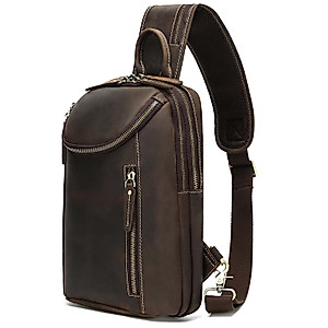 Taertii Small Leather Sling Bag, One Strap Shoulder Crossbody Chest Backpack Daypack for Hiking Travel - Brown (8"x13")