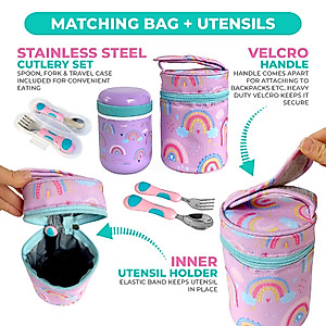 Kids Thermos for Hot Food and Soup, Insulated Lunch Bag and Stainless Steel Utensil Set. Container for Girls Boys Hot Lunches, Wide Mouth, Leakproof Easy Grip, Thermal Vacuum Seal 10 oz Purple Rainbow