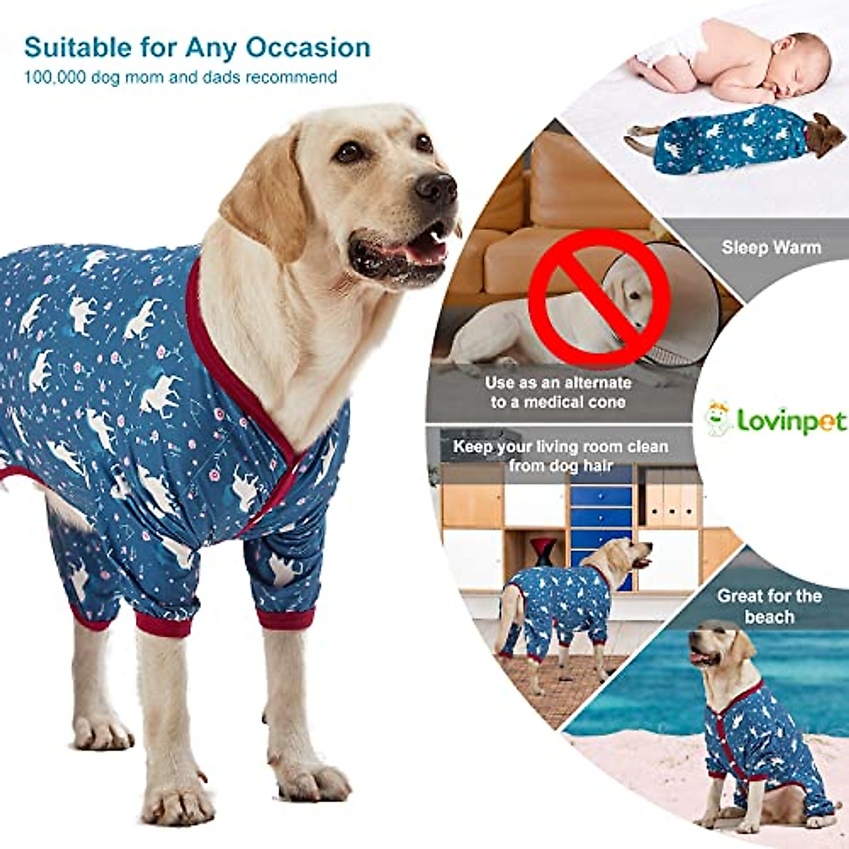 LovinPet Large Dog Pet Shirt - Undershirt for Dog Coats, Anti Licking, Pet Anxiety Relief Onesie, Floral Pony Navy Print, Large Breed Dog Clothes, Large Dog Jammies, Pet PJ's/Large