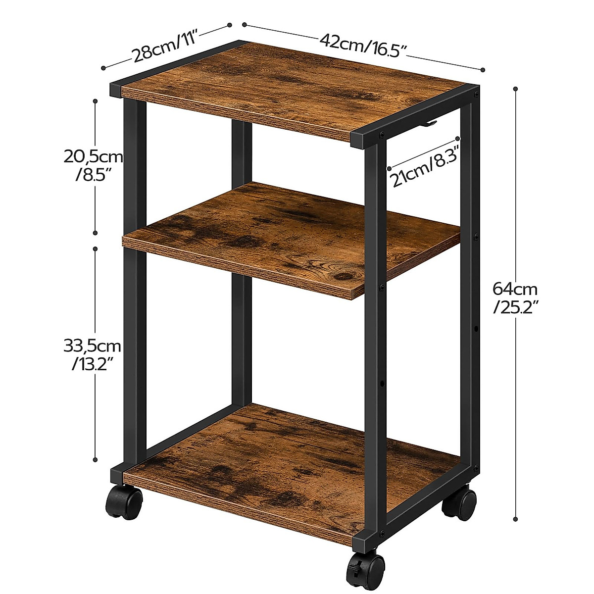 HOOBRO Mobile Printer Stand, 3-Tier Printer Cart Under Desk with Storage, Industrial Adjustable Rolling Cart , Sturdy Little Table on Wheels for Home Office, Rustic Brown and Black BF28PS01