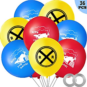 36 Pieces Railroad Crossing Train Balloons 12 Inch Train Birthday Balloons Latex Balloons Railway Party Decorations and 2 Rolls Silver Ribbons for Kids Birthday Baby Shower Engagement Party Supply