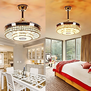 KPIBEST 42 inch Ceiling Fan with Light and Remote Control 3 Lights Levels, Modern Crystal Retractable Chandelier Fans with Bluetooth Music Speaker for Living/Dining Room Bedroom