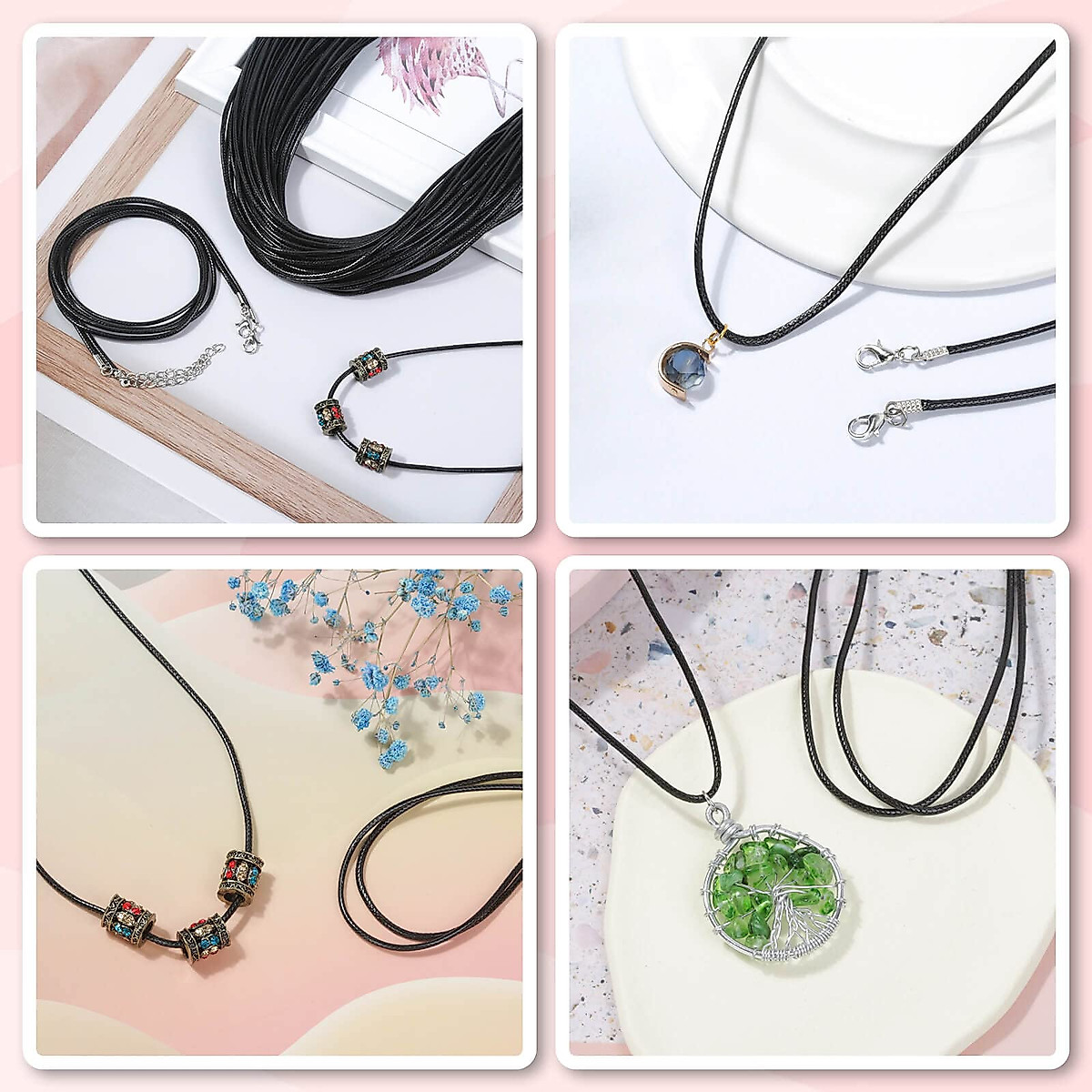 Necklace Cord, Paxcoo 50Pcs Black Necklace String Rope with Clasp, 24 Inch Black Waxed Cotton Cord Necklace Bulk for Charms Pendants, Bracelets, Necklaces, Jewelry Making Supplies and Beading Supplies