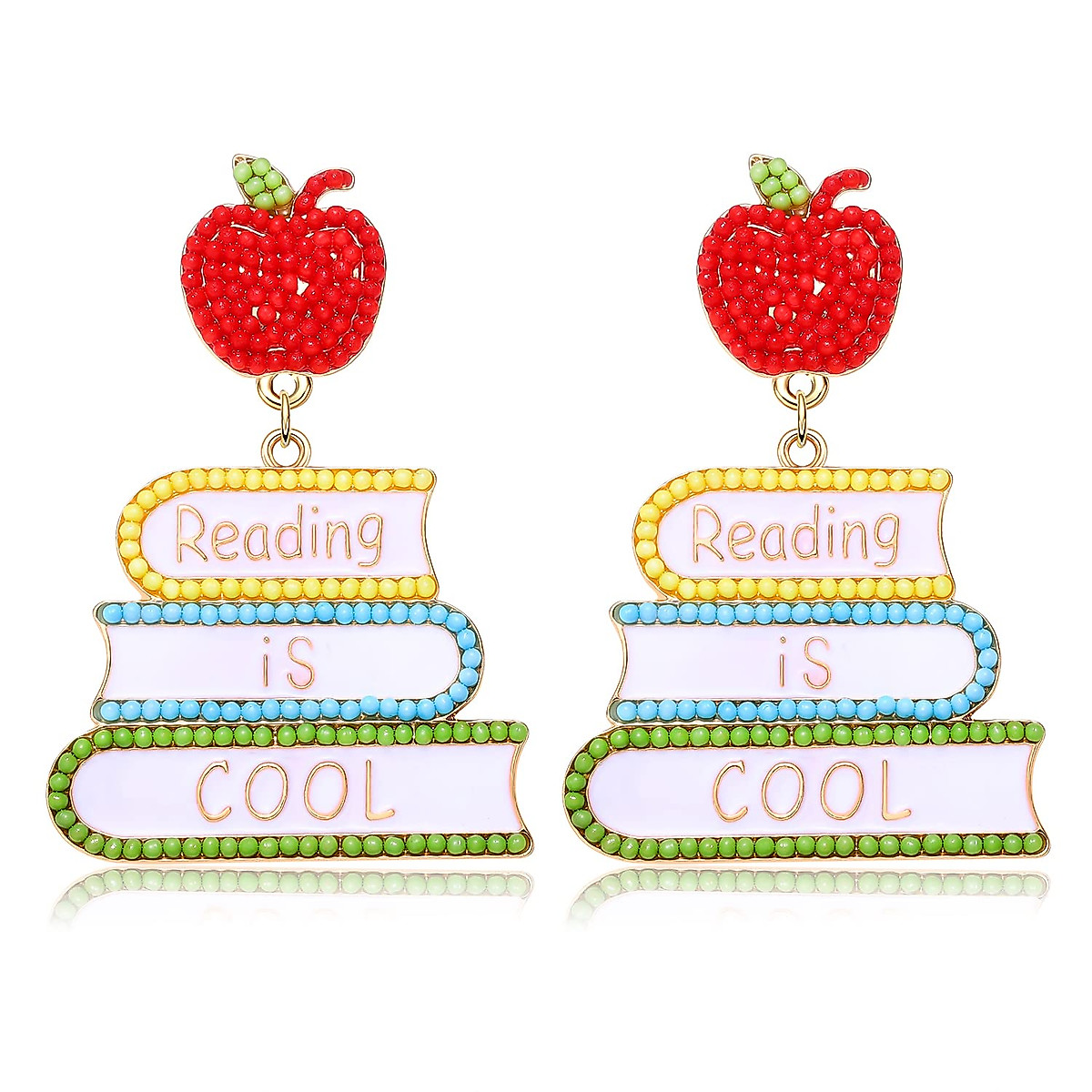 Boderier Teacher Earrings Beaded Apple Book Drop Dangle Earrings Teacher Appreciation Gifts Reading is Cool Earring Back To School Jewelry