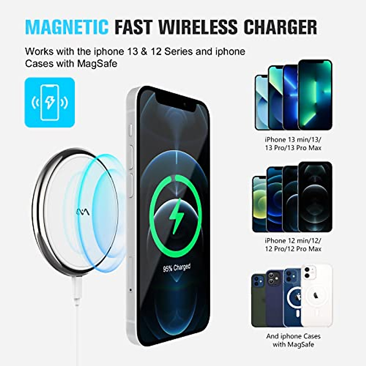 Magnetic Wireless Charger, Vebach Aluminum Fast Wireless Charging Pad with Detachable Cable Compatible with iPhone 14/14 plus/13/13 Pro/13 Pro Max/13 Mini, 12/12 Pro/12 Pro Max, AirPods 3 2 Pro etc
