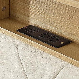 Gee Wuo Queen Size Upholstered Platform Bed, Platform Bed Frame with Outlets and USB Ports, Modern Upholstered Storage Headboard, Solid Wood Legs, No Box Spring Bed for Bedroom (Beige, Queen)